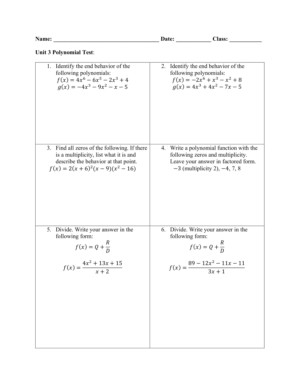 Polynomial Test - Ms. DuBois | Library | Formative