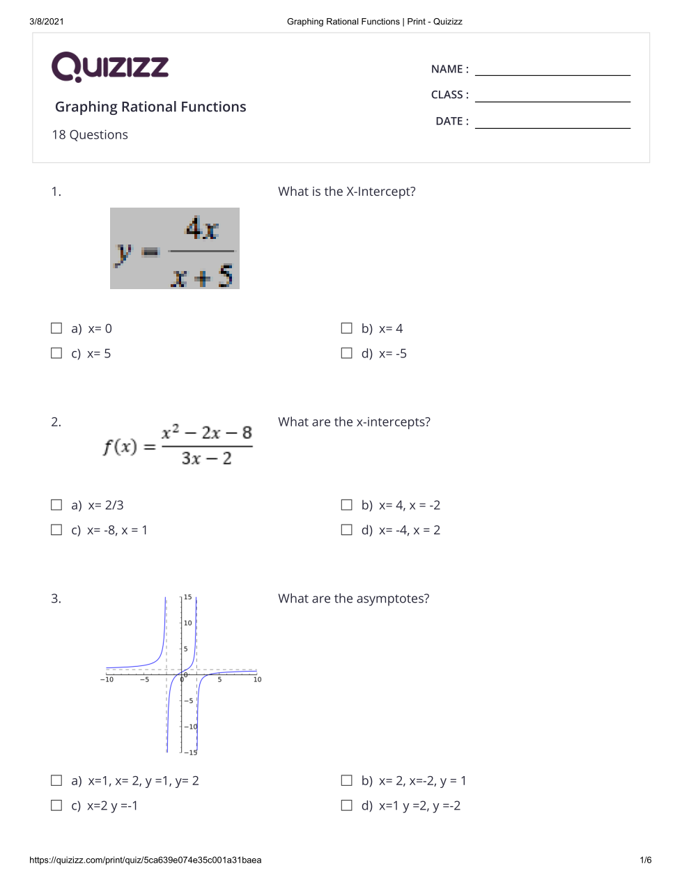 1 GRAPHING RATIONAL FUNCTIONS QUIZIZZ - Hughes, Patricia | Library ...