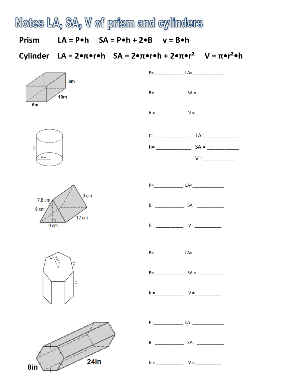 Lateral & Total Surface Area & Volume of Prisms & Cylinders - Larry ...