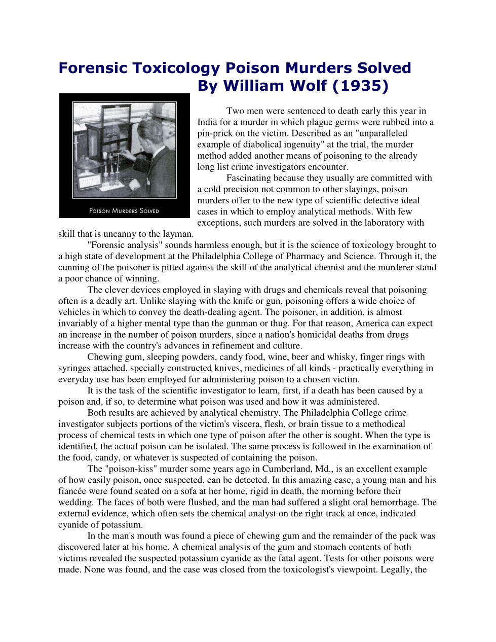 Forensic Toxicology Poison Murders Solved By William Wolf (1935 ...