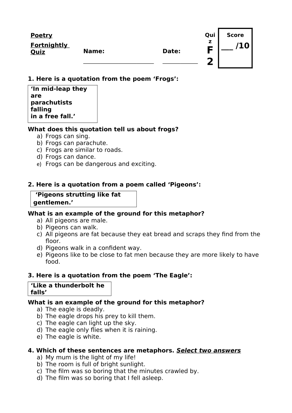 7F Poetry Quiz 2 - OADV English | Library | Formative