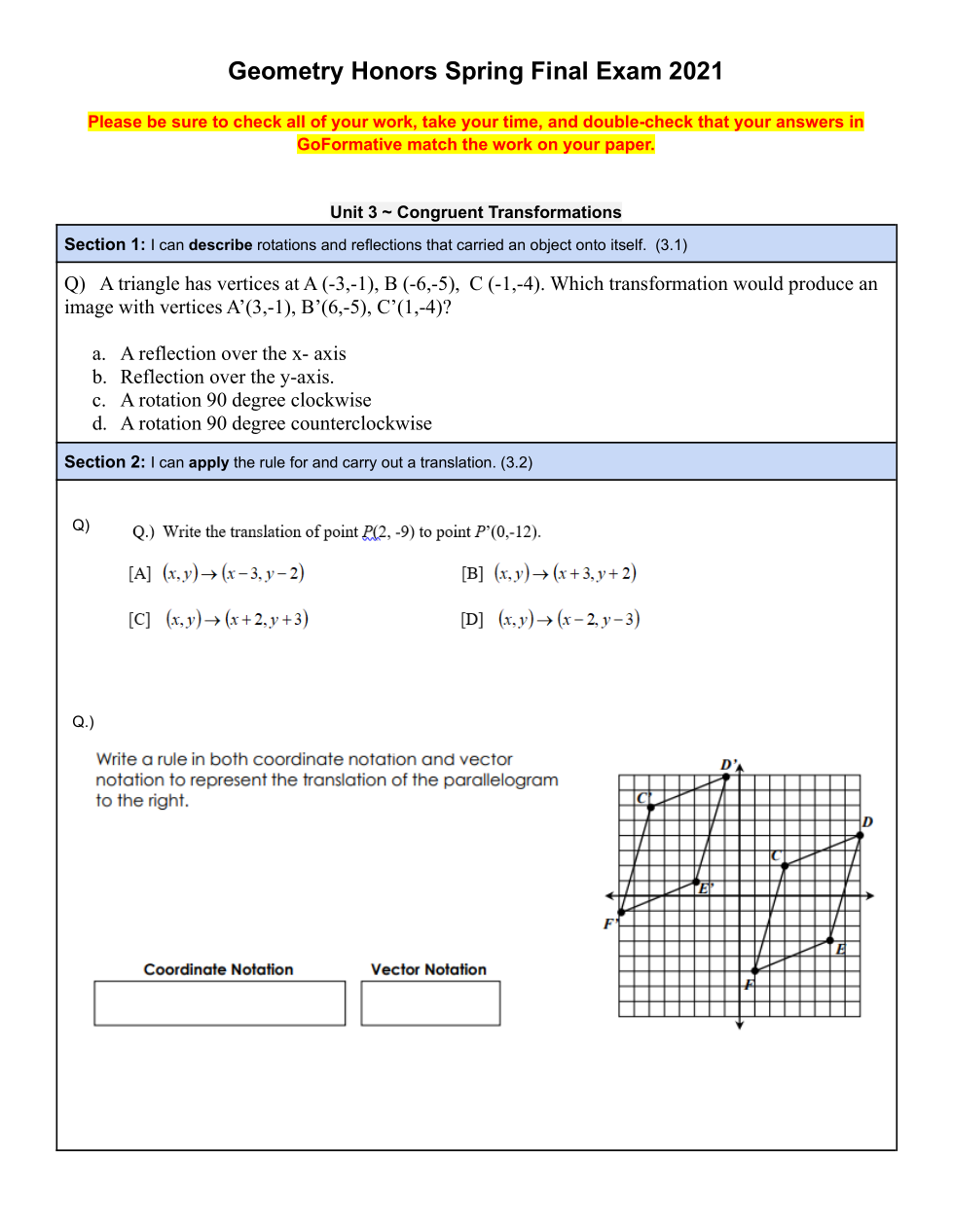 Geometry Honors Spring Final 2021 - Geetika Sharma | Library | Formative