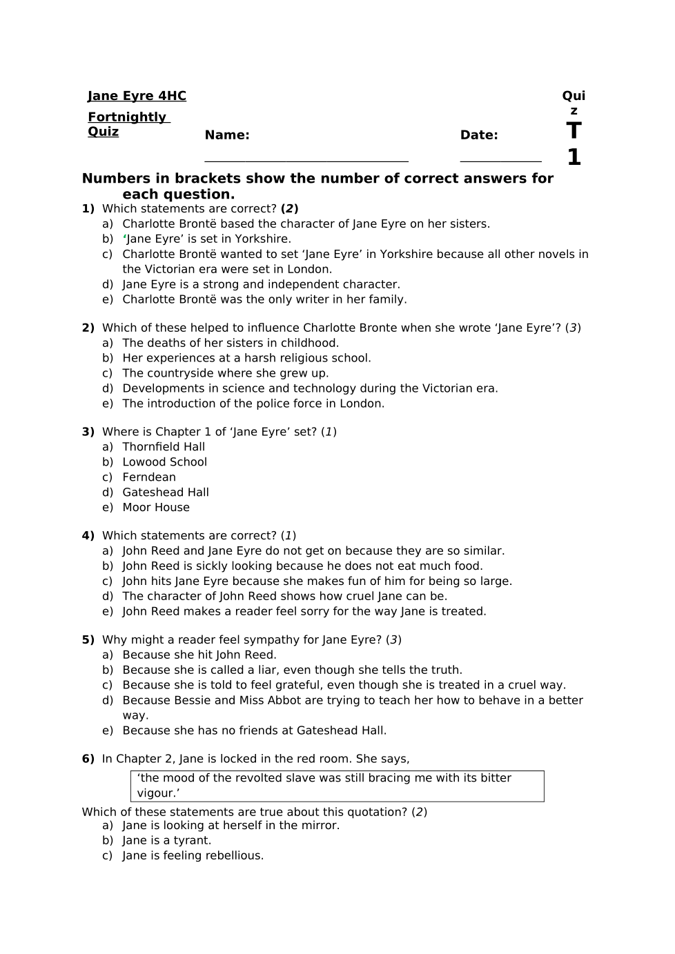 Jane Eyre Quiz 1 Traditional - OADV English | Library | Formative