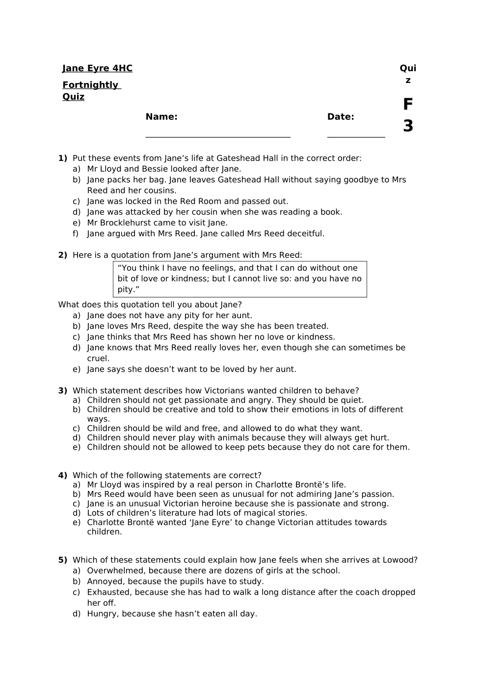 Jane Eyre Quiz 3 Traditional - OADV English | Library | Formative