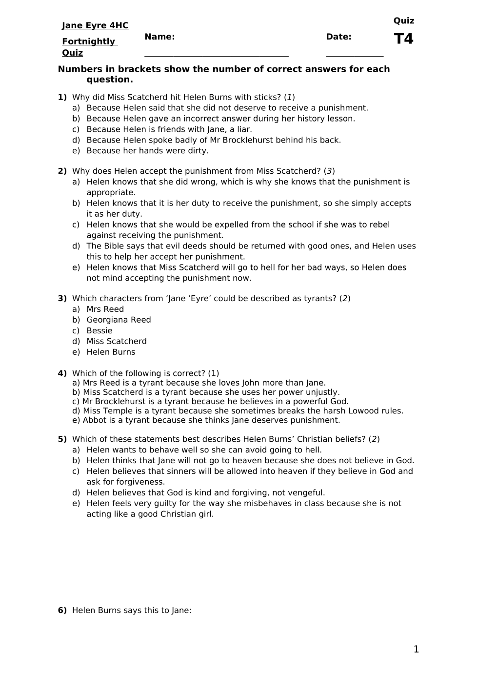 Jane Eyre Quiz 4 Traditional - OADV English | Library | Formative