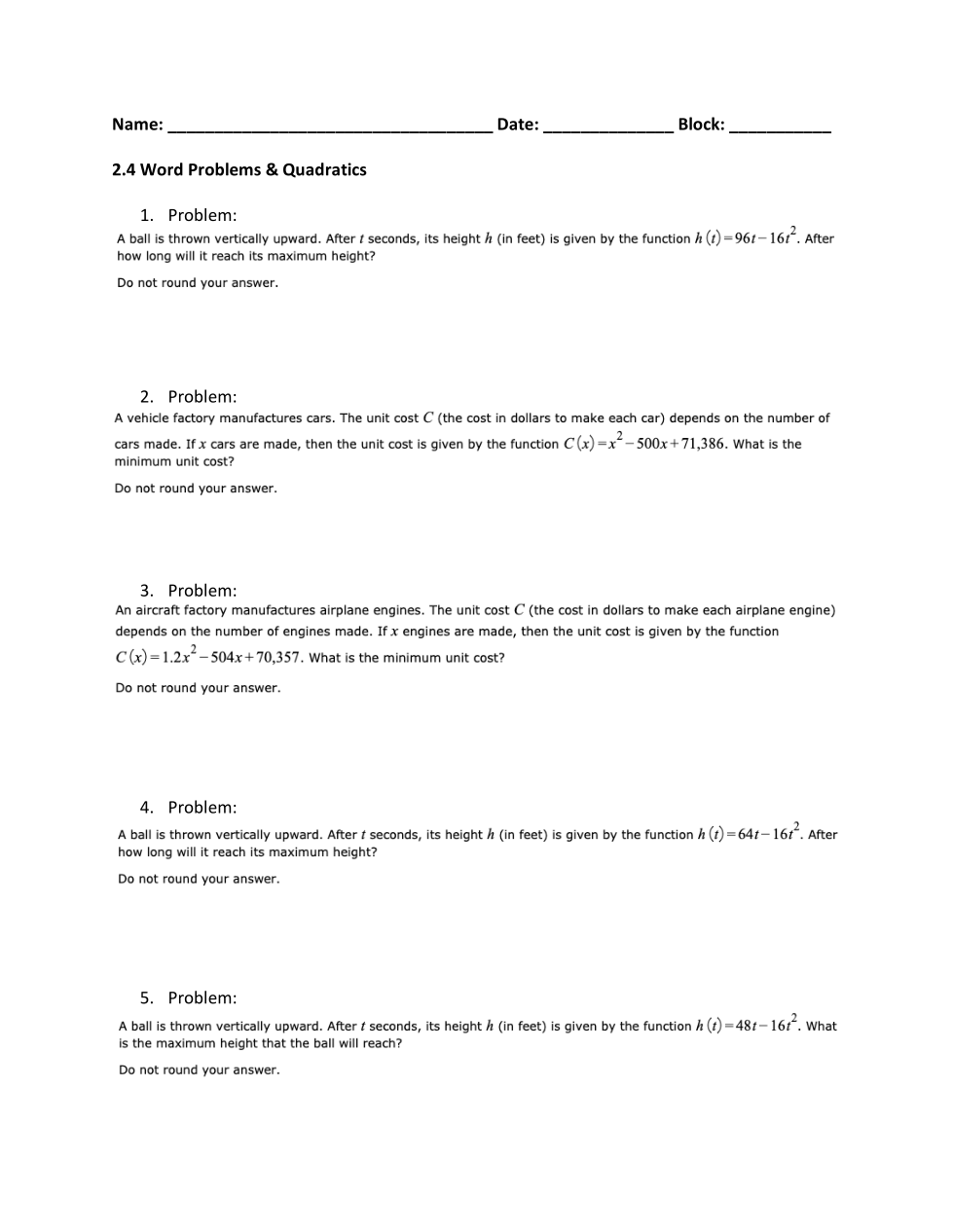 2.04 Quadratic Word Problems - Ms. DuBois | Library | Formative