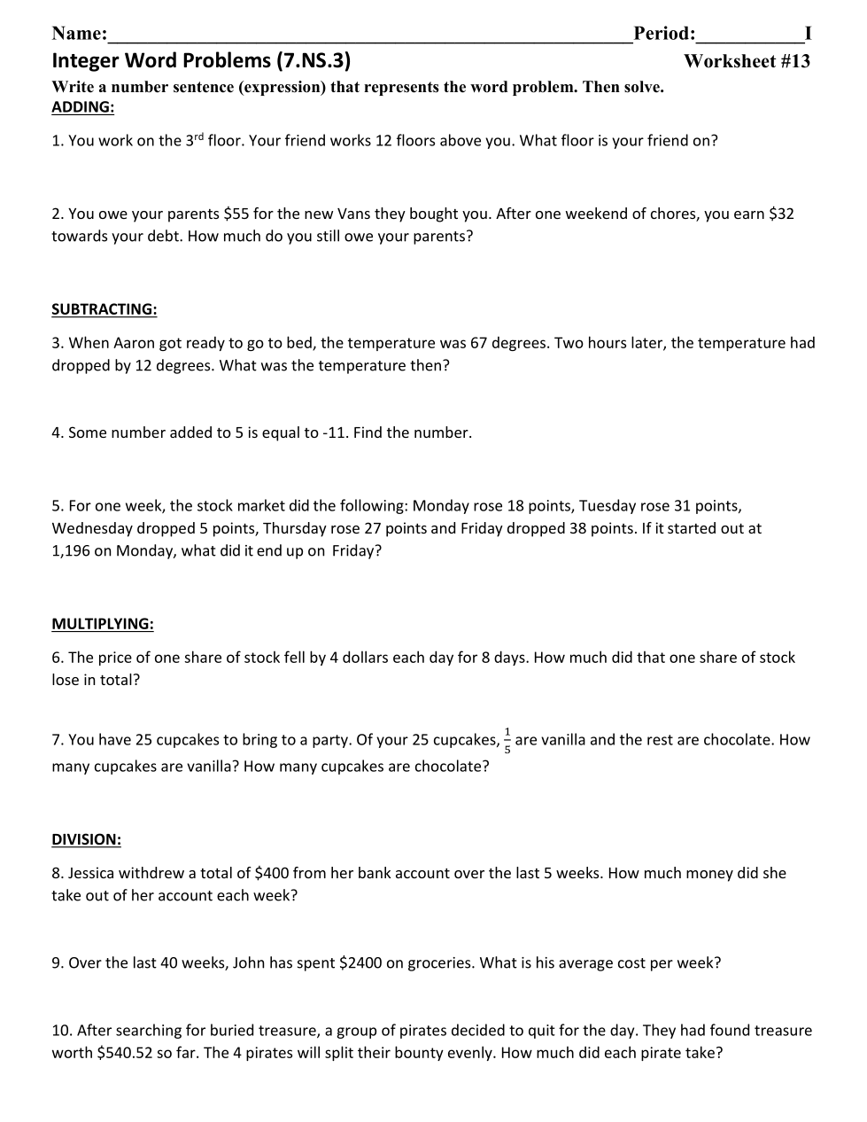 712LRIS WS 13 Pink Integer Word Problems Janelle Warby LRIS 