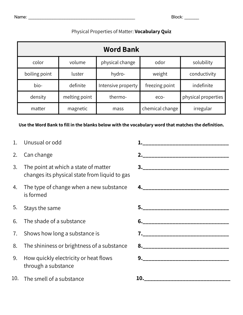 Physical Properties: Vocabulary Quiz - Jaclyn Clark | Library | Formative