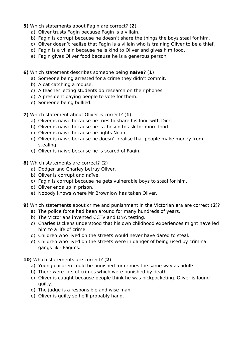 Oliver Twist Quiz 3 (T) - OADV English | Library | Formative