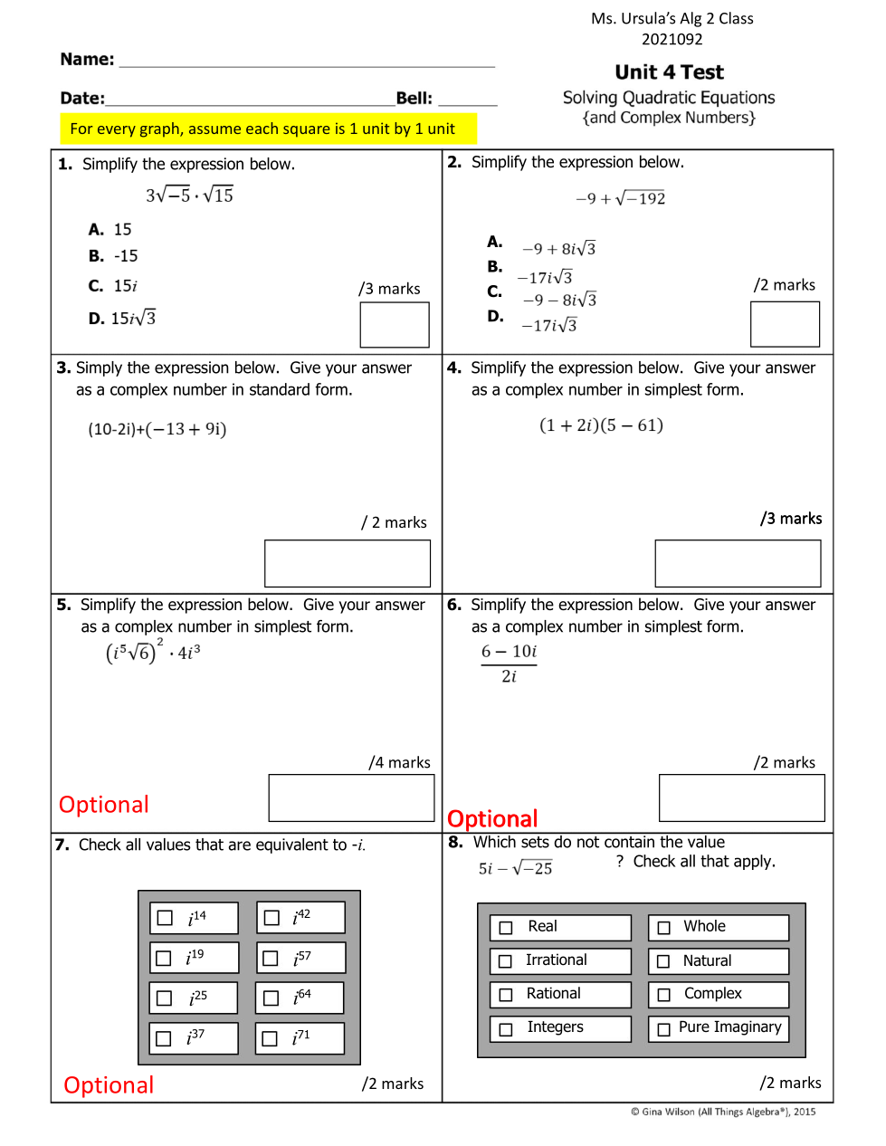 Unit 2 Test: Quadratic Equations & Complex Solutions - Teerani ...