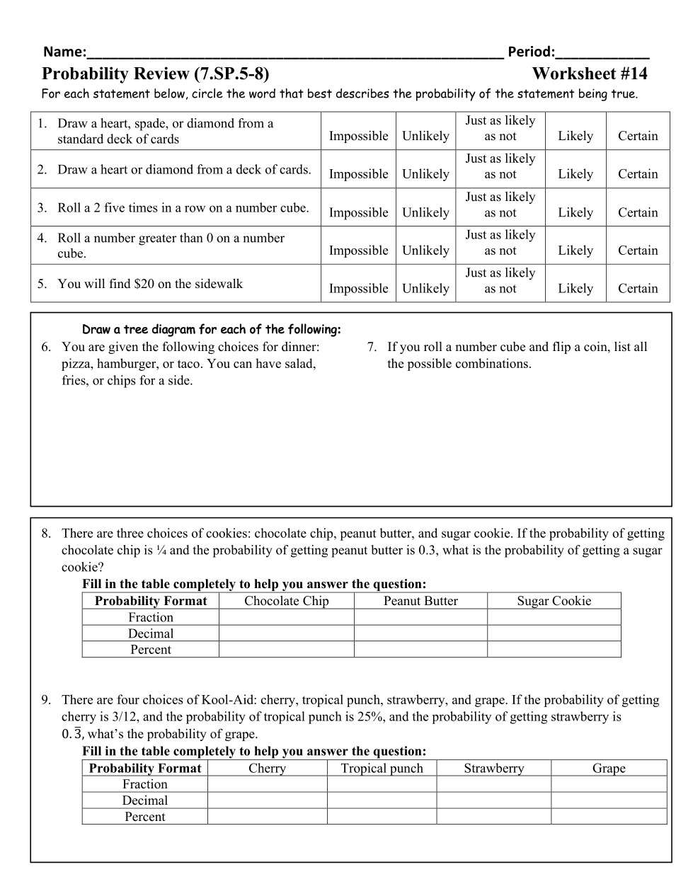 712LRIS WS#14 (Yellow) Unit 4 Probability Quiz Review - Doni Bateman |Library |Formative
