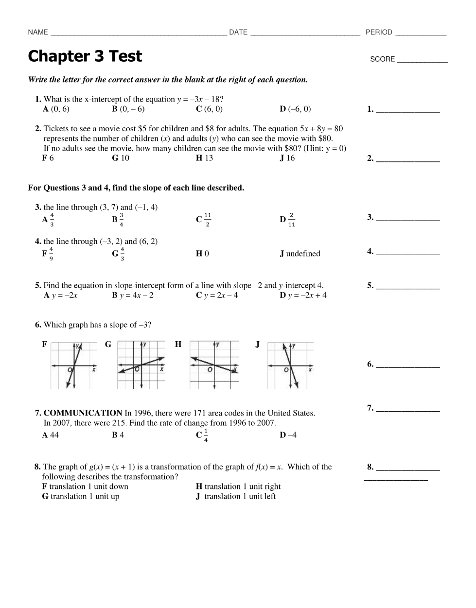 Algebra 1, Chapter 3 Test, Linear and Nonlinear Functions - Shannon ...