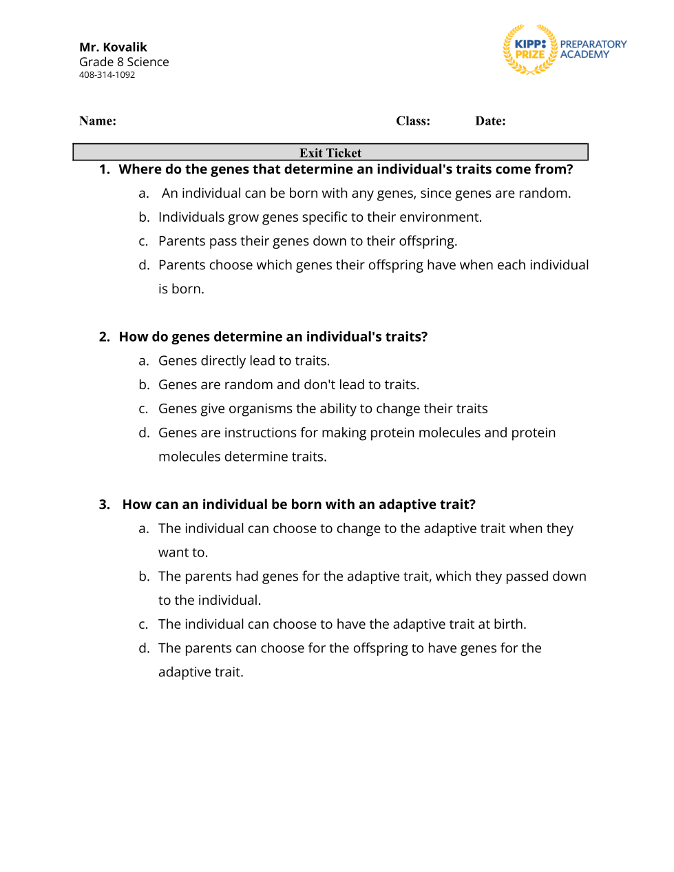 Natural Selection 2.1 (1/13) Exit Ticket - Alex Kovalik (he/him/his ...