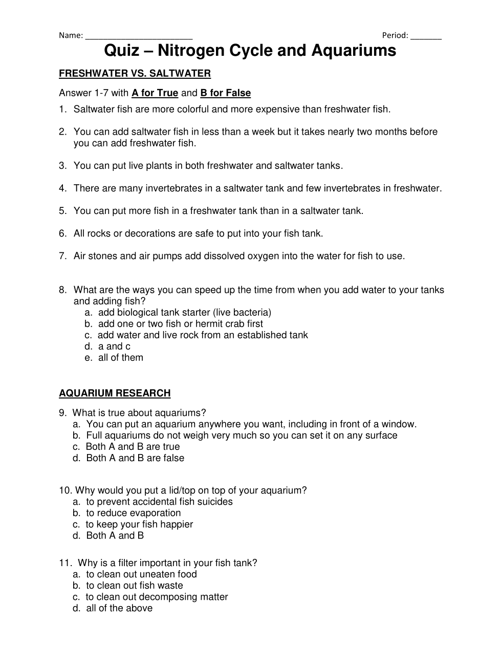 Quiz - Nitrogen Cycle and Aquariums - CAITLIN Holgado | Library | Formative