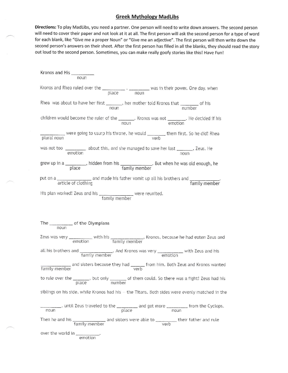 Greek Mythology Mad Libs - Michael Garcia | Library | Formative