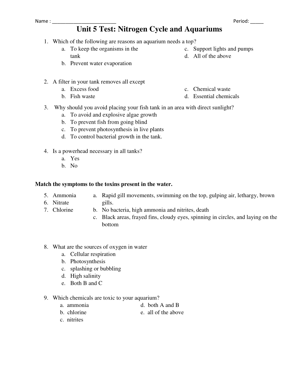 Unit 5 Exam: Aquariums and Nitrogen Cycle - CAITLIN Holgado | Library ...