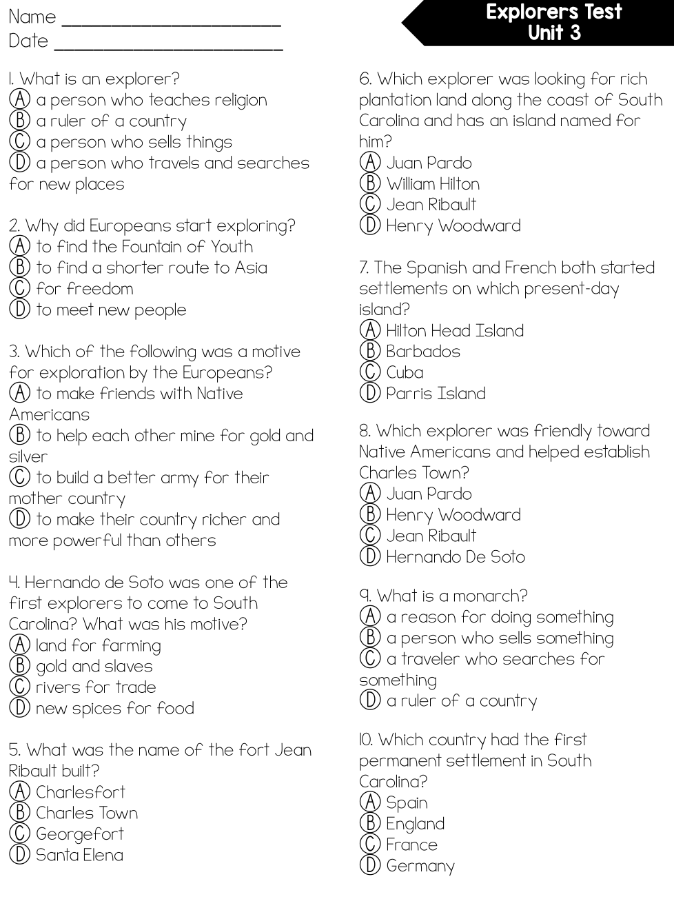 Explorers of South Carolina Test - Kadie Birch | Library | Formative