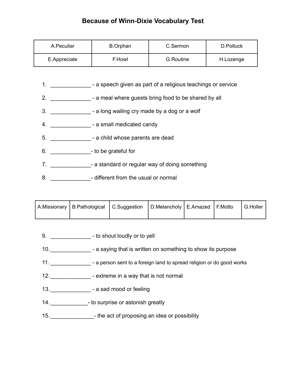 Because of Winn-Dixie Vocabulary Test - Summer Barnes | Library | Formative