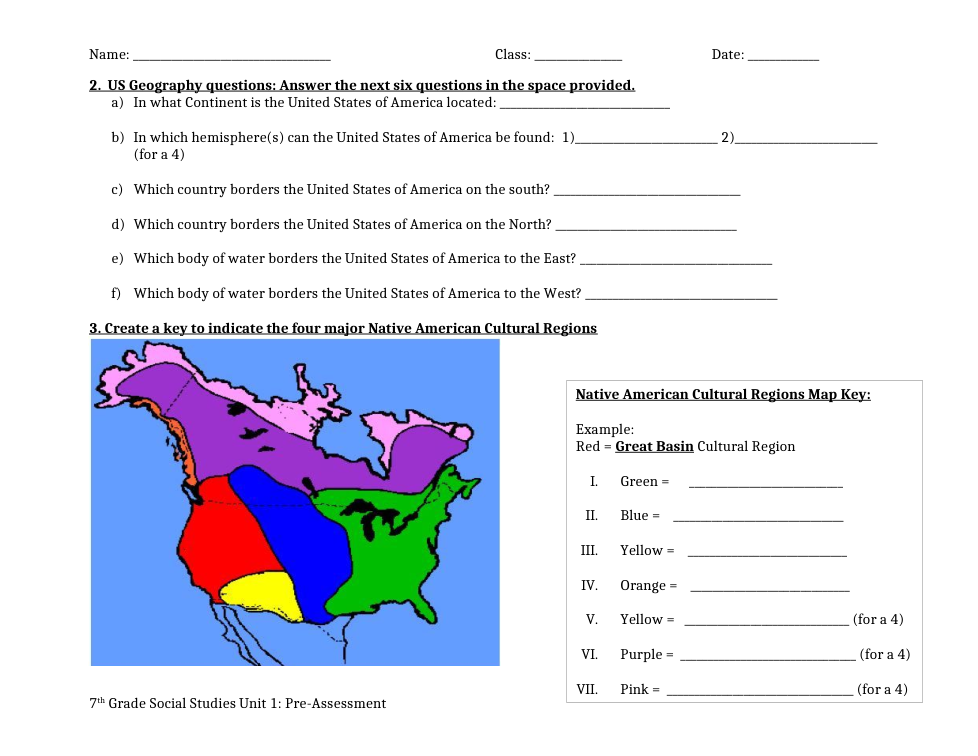 Grade 7: Unit 1: Pre-unit survey (U.S. Geography and Native American ...