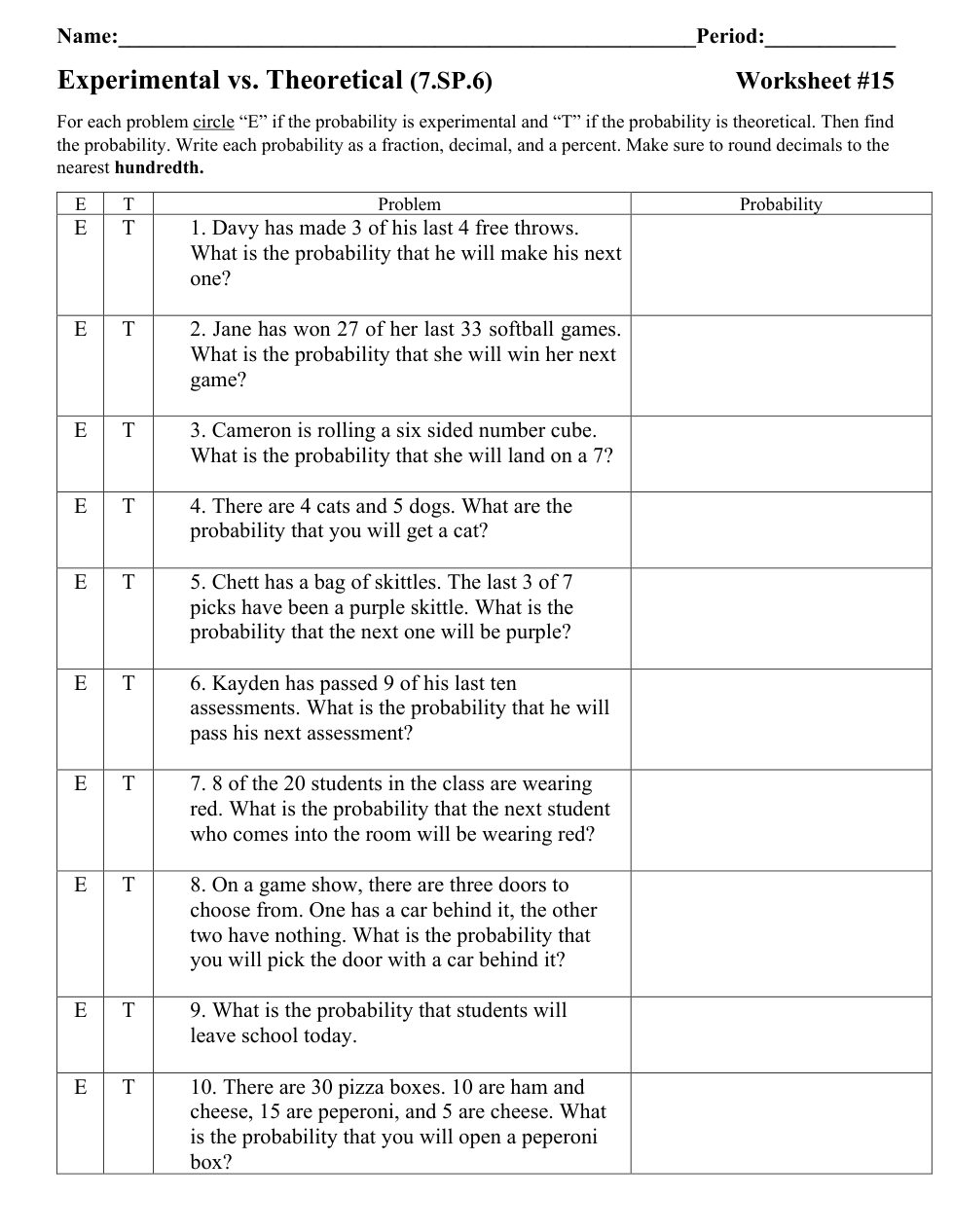 723LRIS WS#15 - (Tan) Experimental vs. Theoretical Probability ...