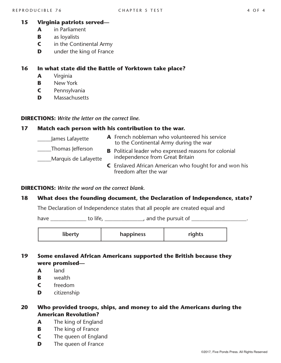 VA Studies - Chapter 5 Assessment: Revolutionary War - Elise Jernigan ...