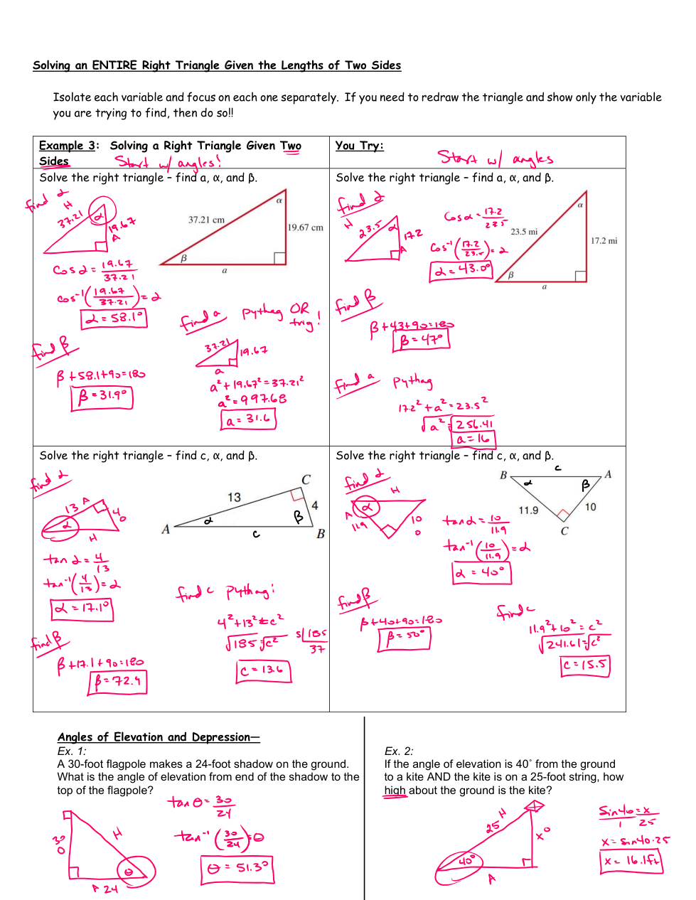 4/20/2023-HW Solving Right Triangles & Angle of Elevation/Depression ...