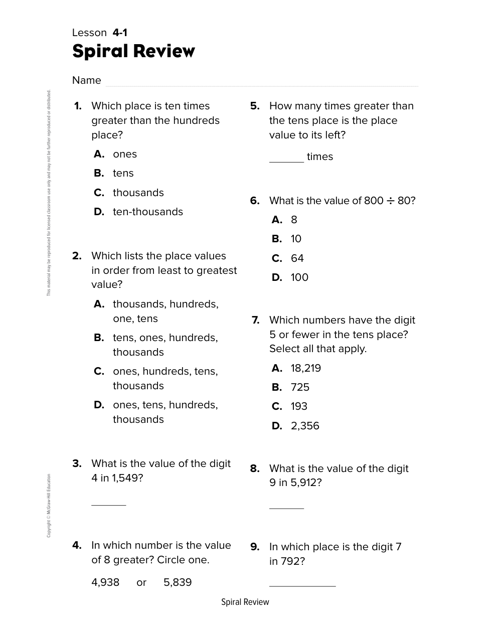 Spiral Review A (Place Value) - David Bucksten | Library | Formative