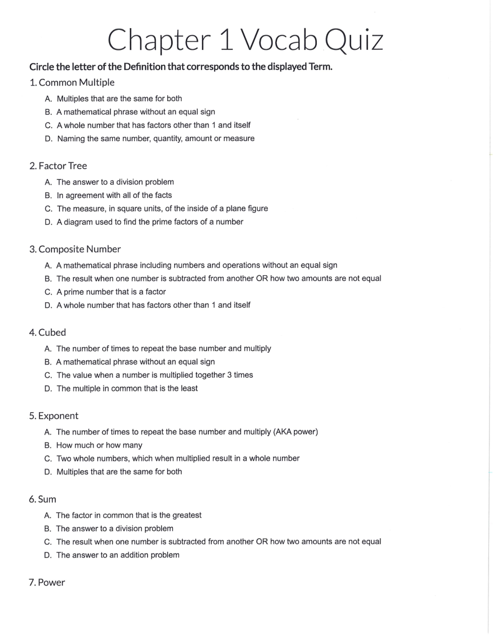 Chapter 1 Vocab Numerical Expressions and Factors - Julie West ...
