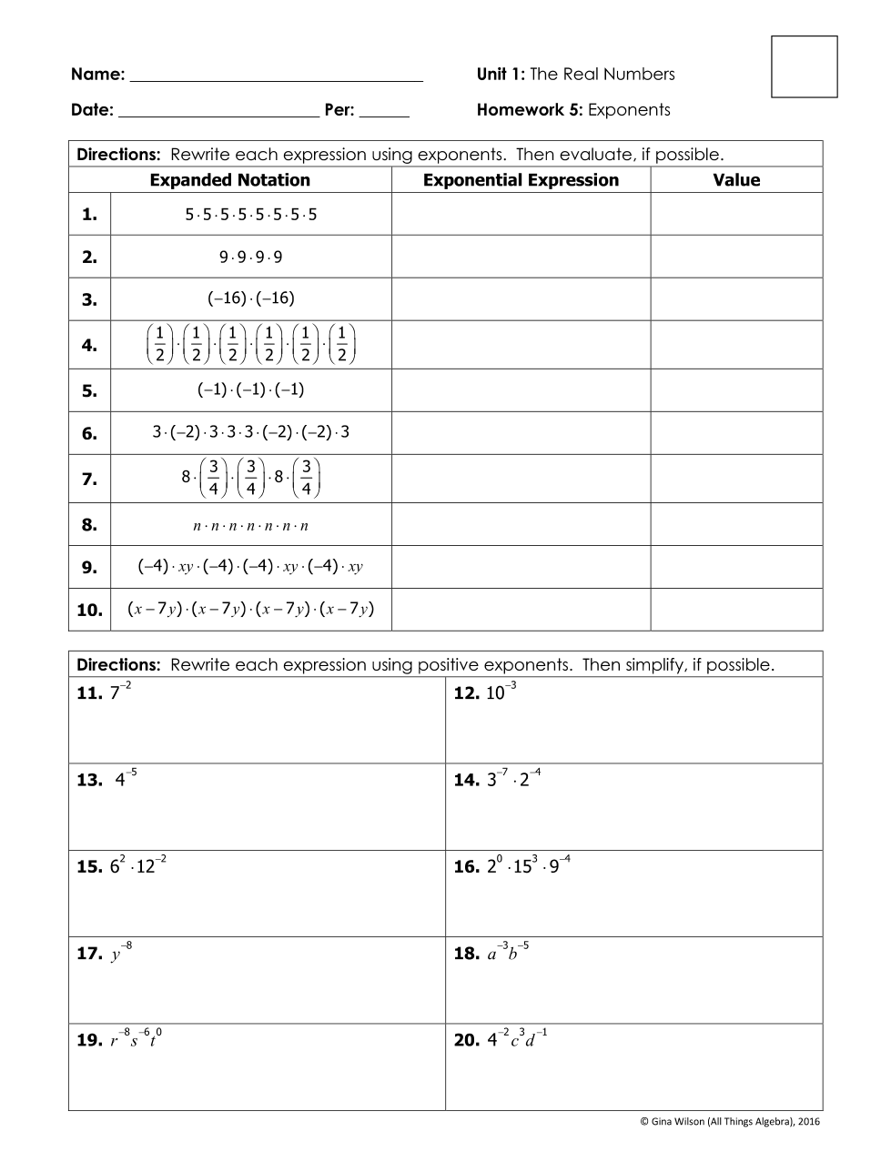 Unit 1b-1: Exponents and Zero and Negative Exponents - Katherine Kisby ...