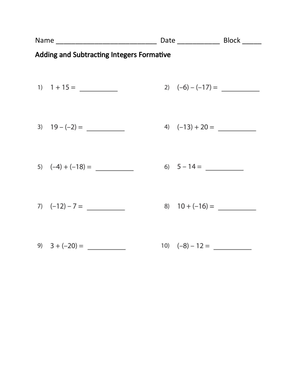 Adding and Subtracting Integers Formative (Graded) - Rebecca Forester ...