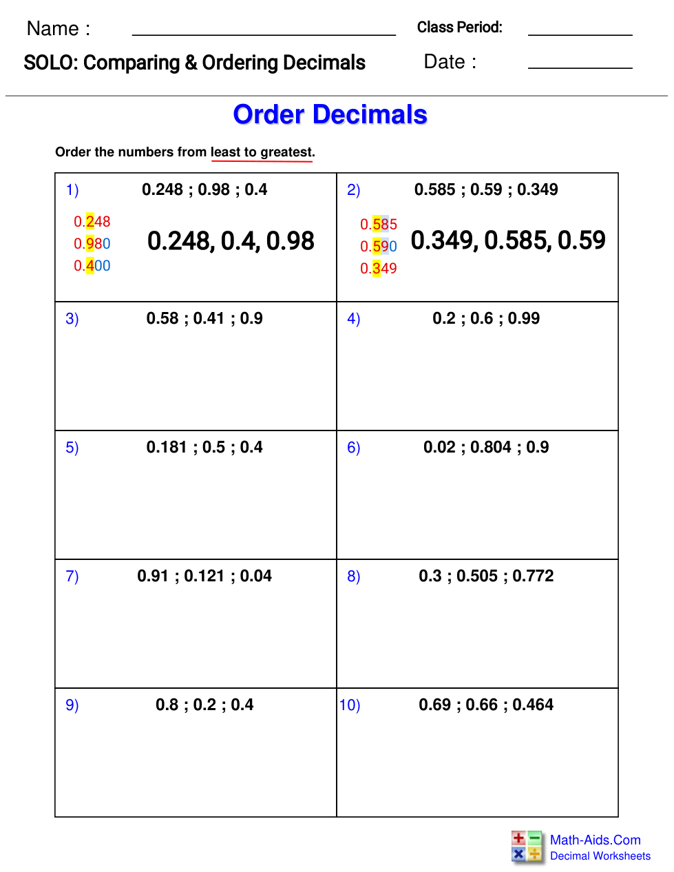Mon (10/2): SOLO Comparing & Ordering Decimals - Katherine Correll ...