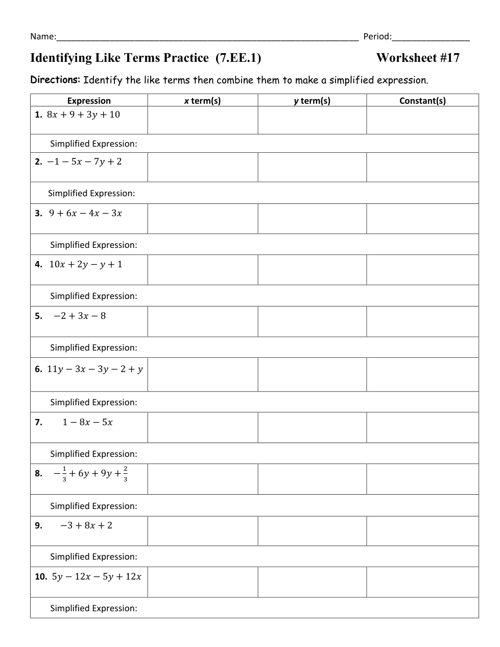 Identifying Like Terms Worksheet