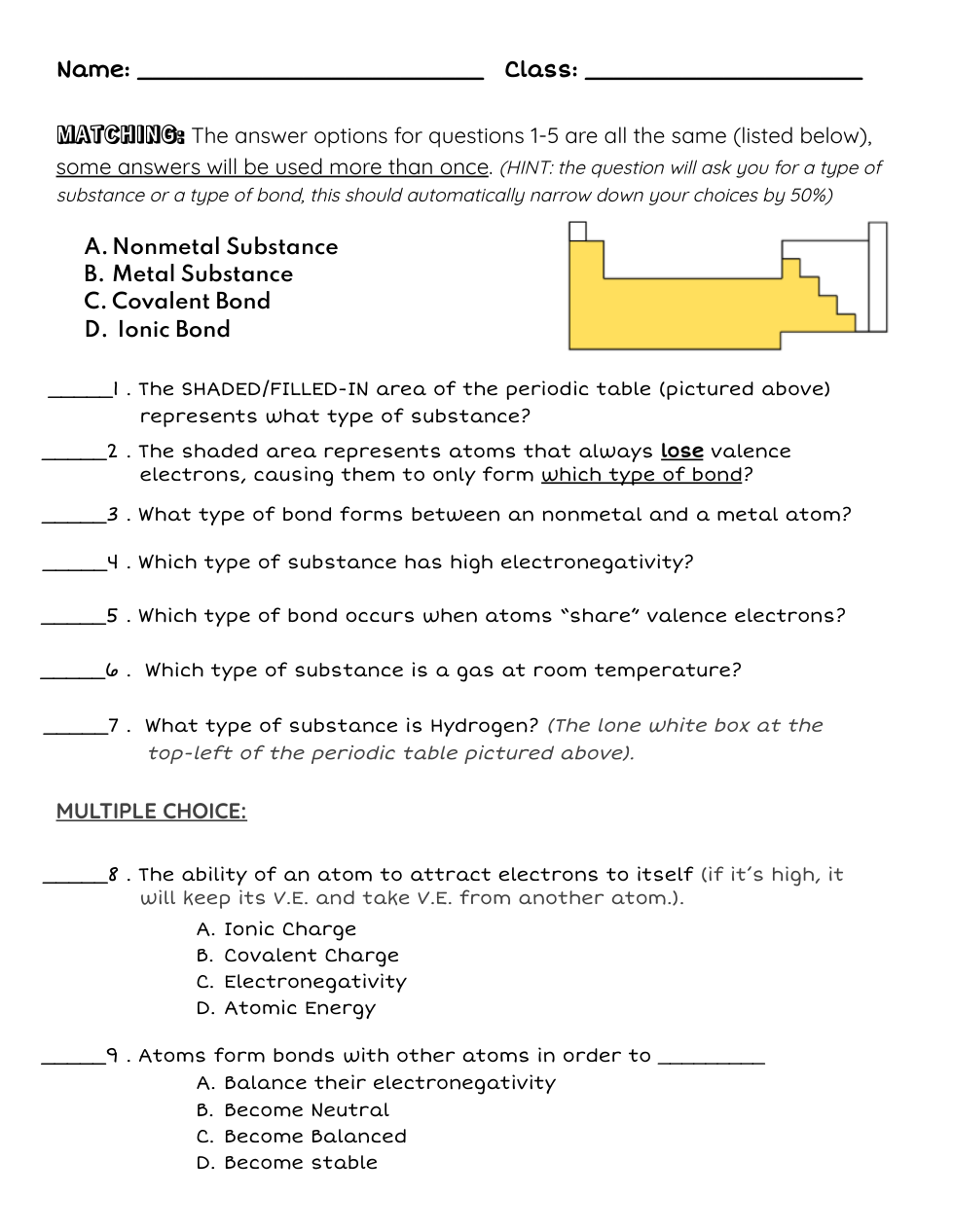 Chemical Bonds & Metals, Nonmetals, Metalloids Test - Erin Pipkin ...