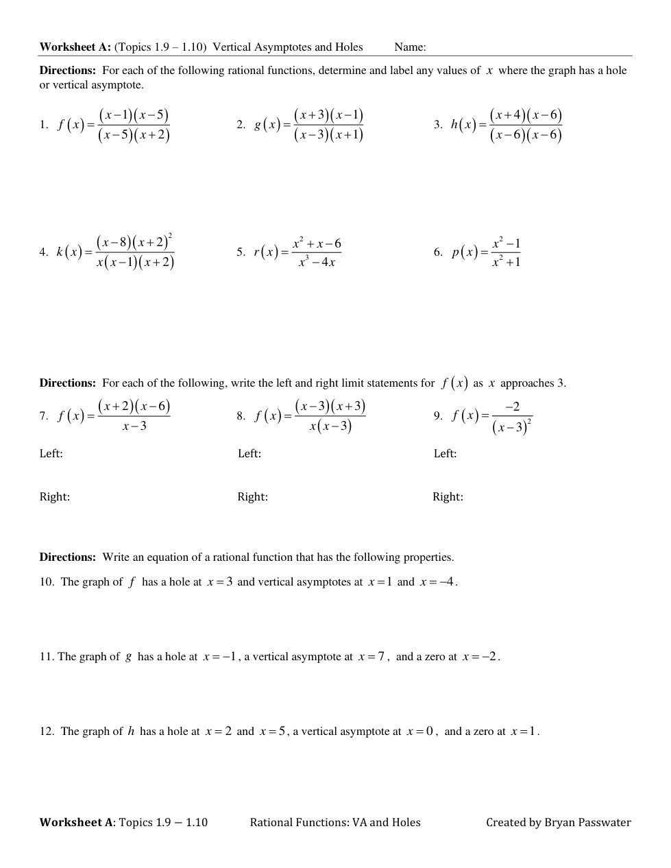 Topics 1.9-1.10 Vertical Asymptotes and Holes WS A - Sherra S Carr ...