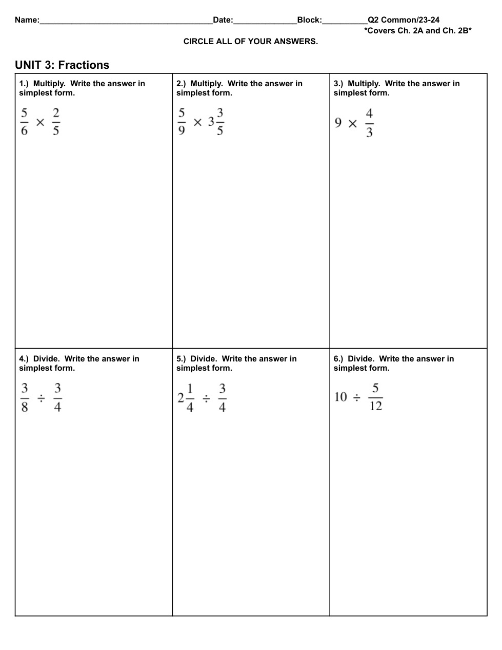 Unit 3 Common Assessment: Fractions - Rachel Kotlyar | Library | Formative