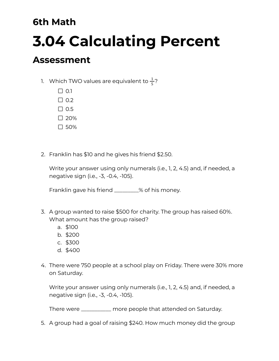 Percent (6th) Formative - Rebecca Forester | Library | Formative