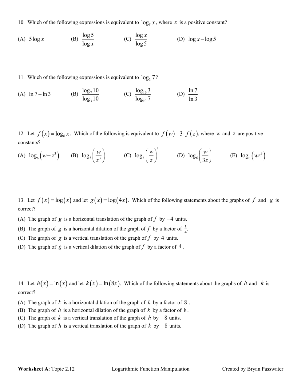 Topic 2.12 WSA Logarithmic Function manipulation - Sherra S Carr ...