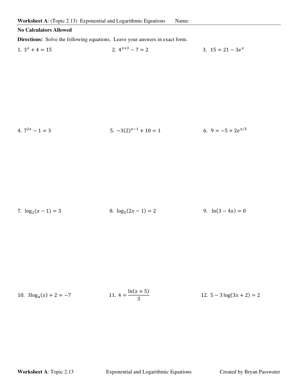 2.13 WSA Solving Logarithmic & Exponential Equations - Sherra S Carr ...