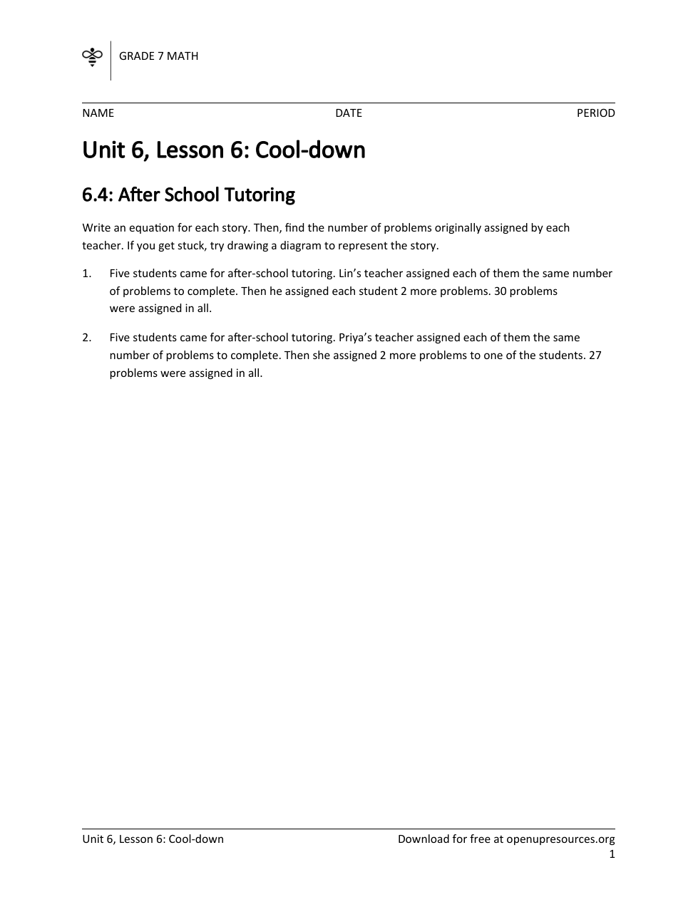 Unit 6 Lesson 6 Cool Down - Amber Mitchell | Library | Formative