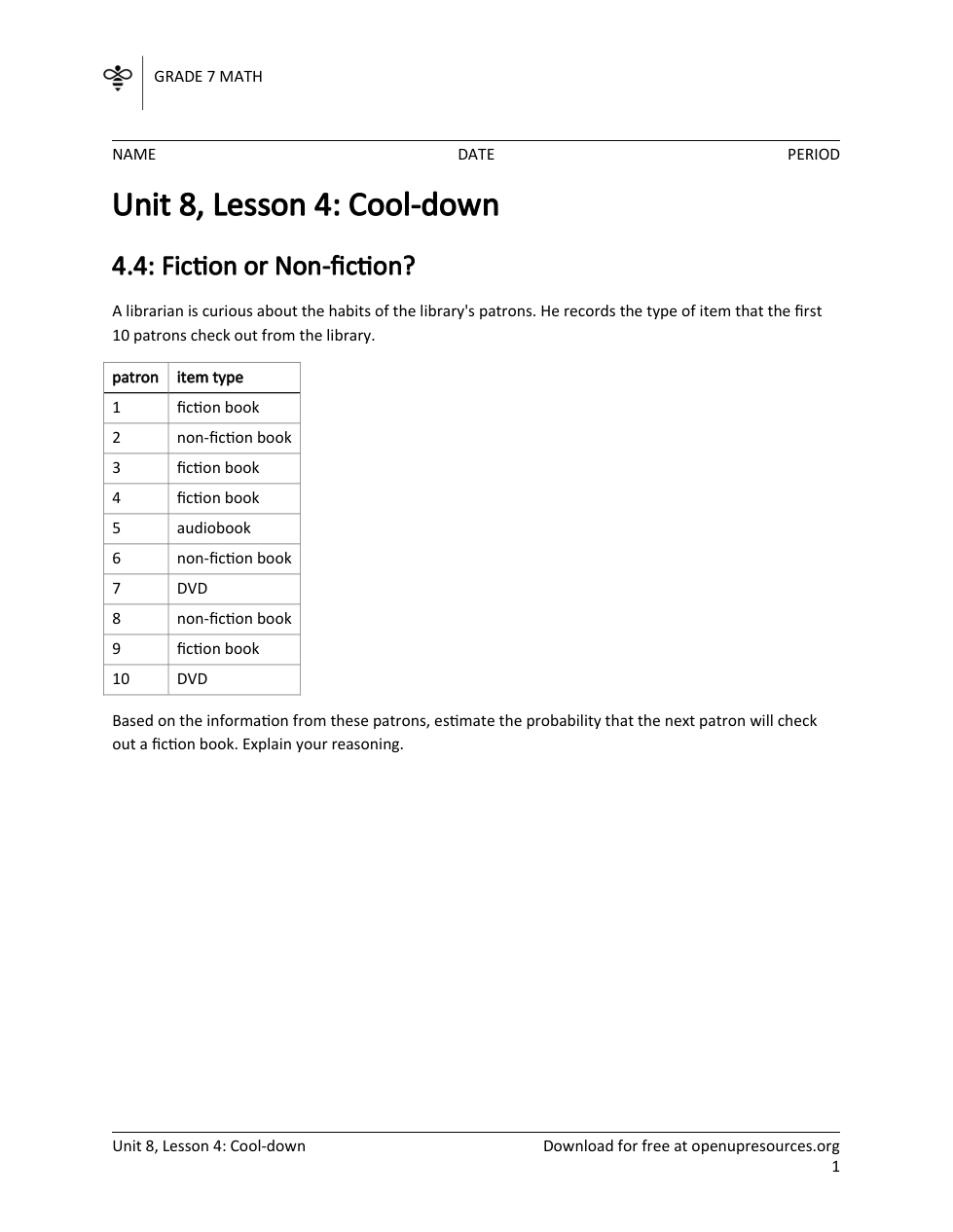 Unit 8 Lessons 1-4 Cool Downs - Amber Mitchell | Library | Formative