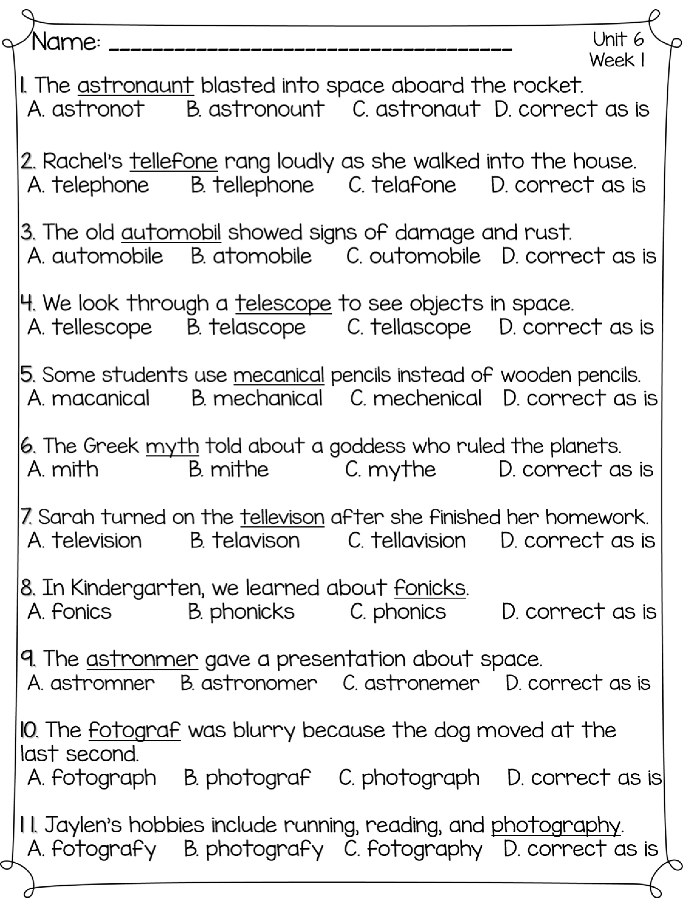 U6 W1 Spelling Test - Jaclyn Collins | Library | Formative
