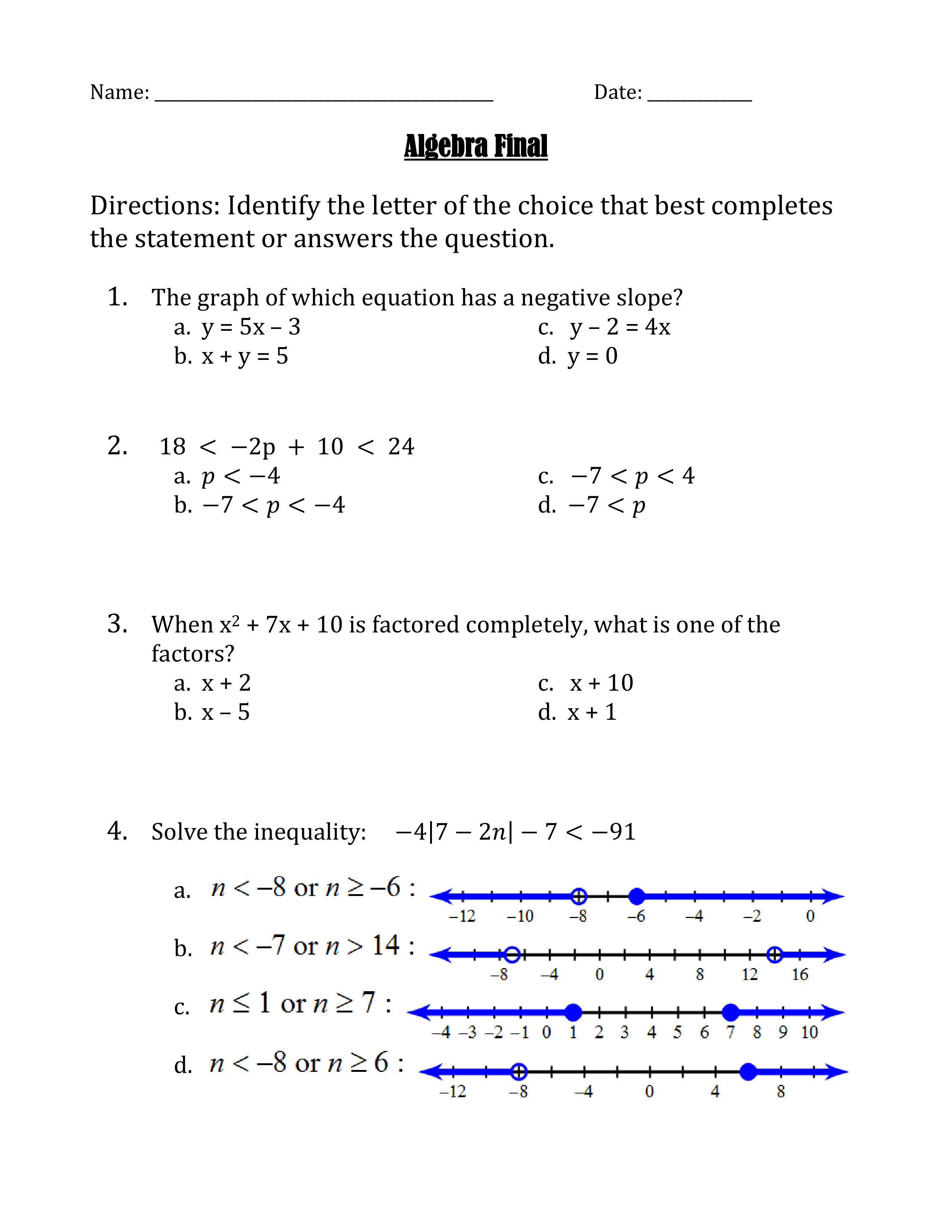 Algebra 1 Pretest 2022-2023 - Nicole Richardone | Library | Formative