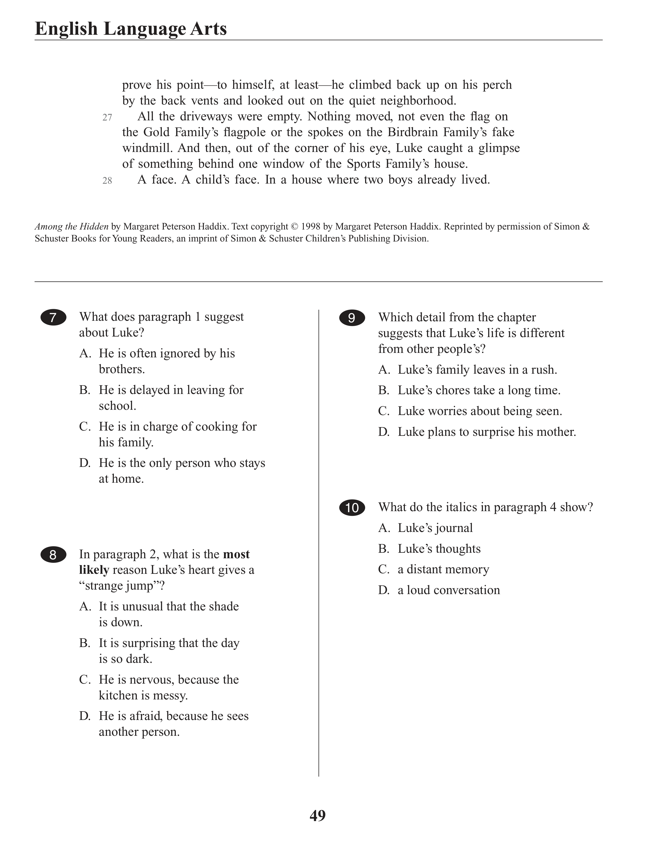 MCAS ELA Grade 5 Practice Test Among The Hidden Vicki Walsh
