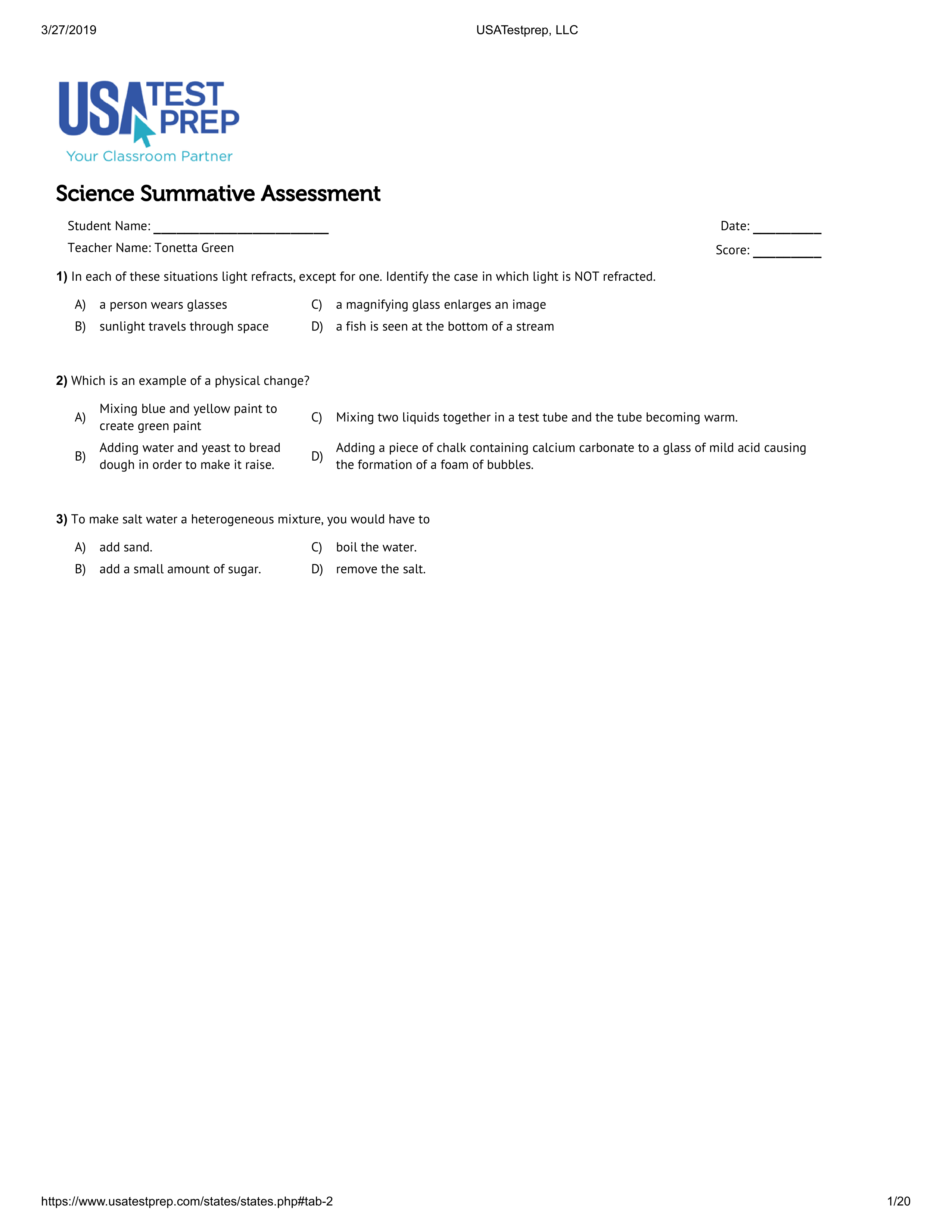 Science Summative Assessment - TONETTA GREEN | Library | Formative