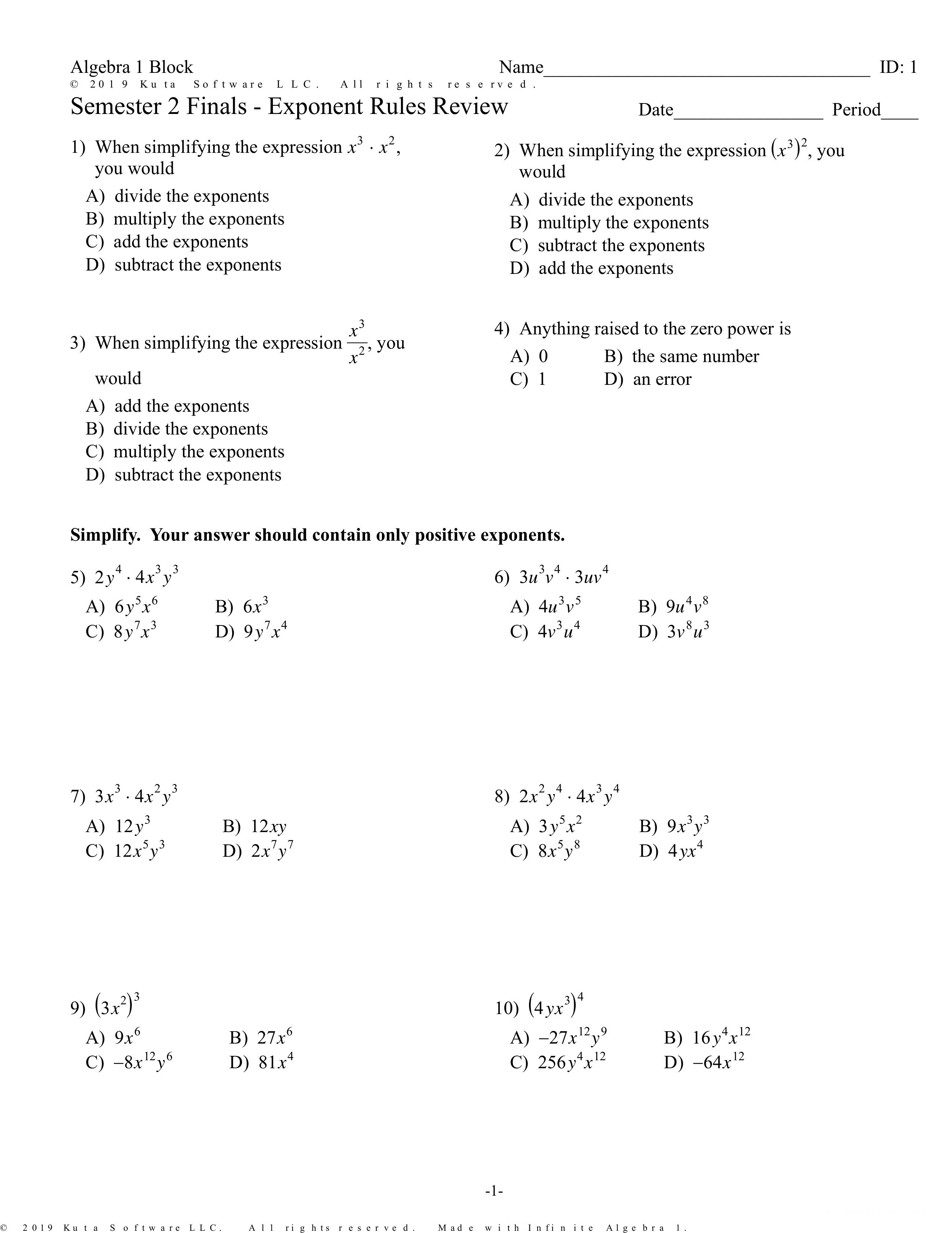 Exponent Rules Final Exam Review (MC) - Math Teachers | Library | Formative