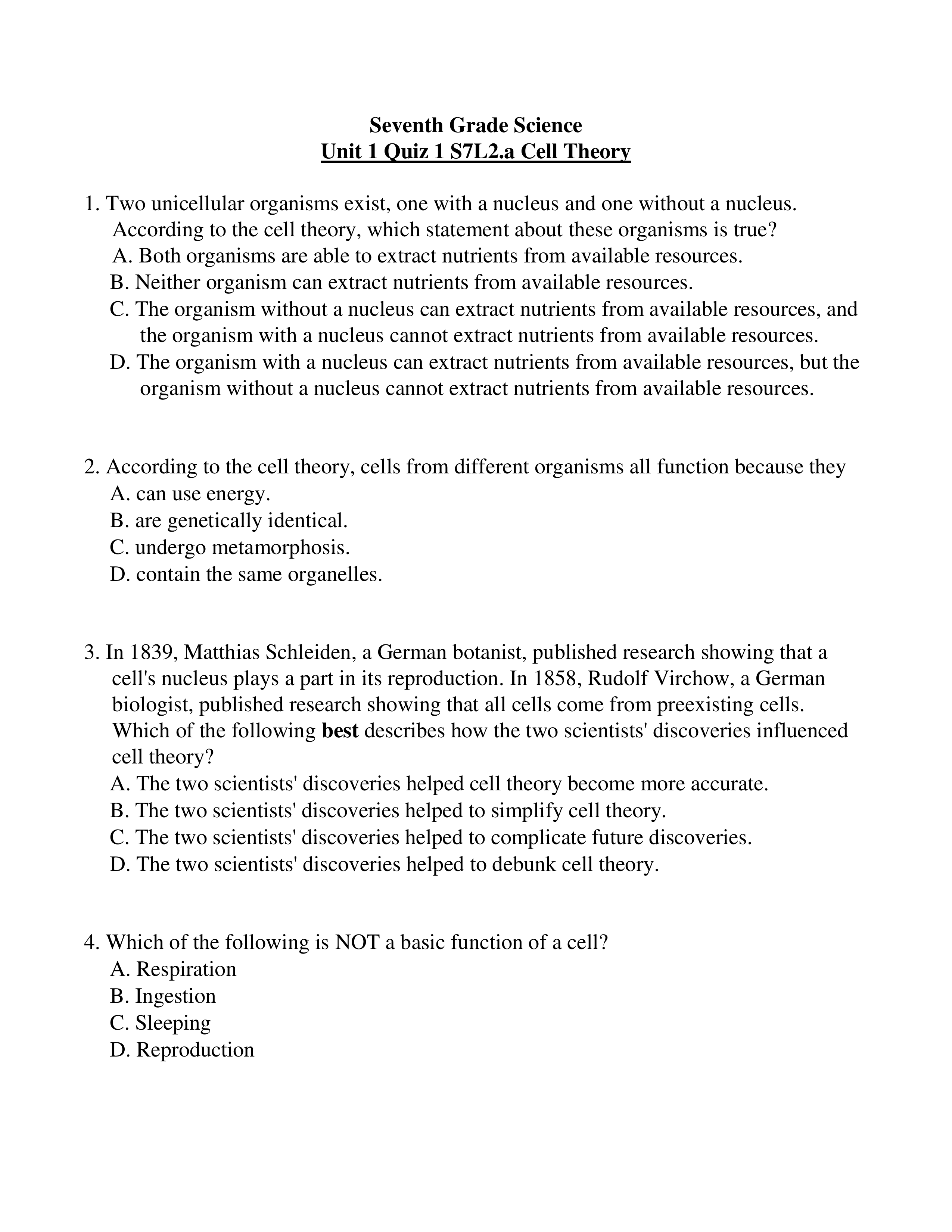 Seventh Grade Science Unit 1 Quiz 1 S7L2.a Cell Theory - Julius Smith ...