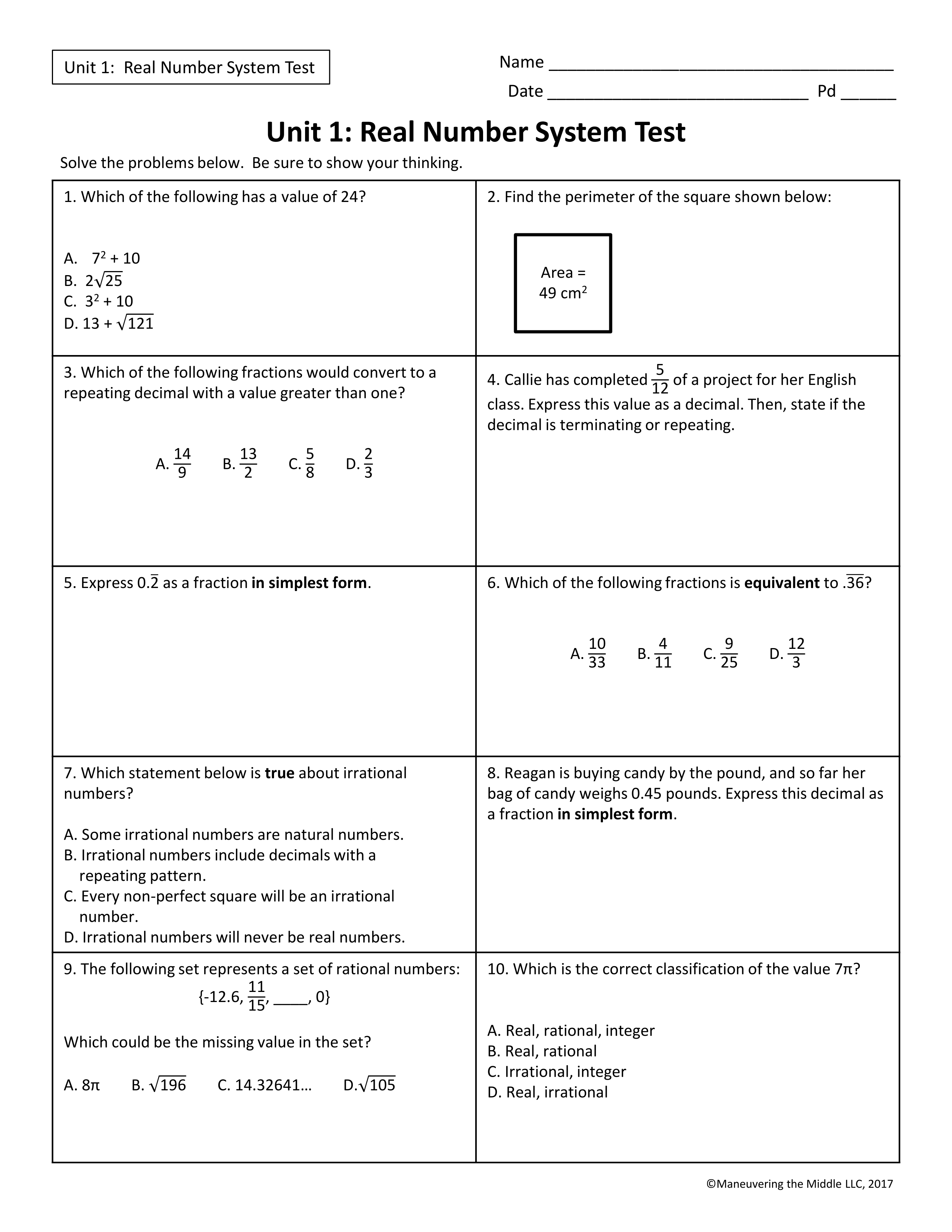 Unit 1 Test Real Number Systems Test (8th Grade) cloned 8/27/2019 ...