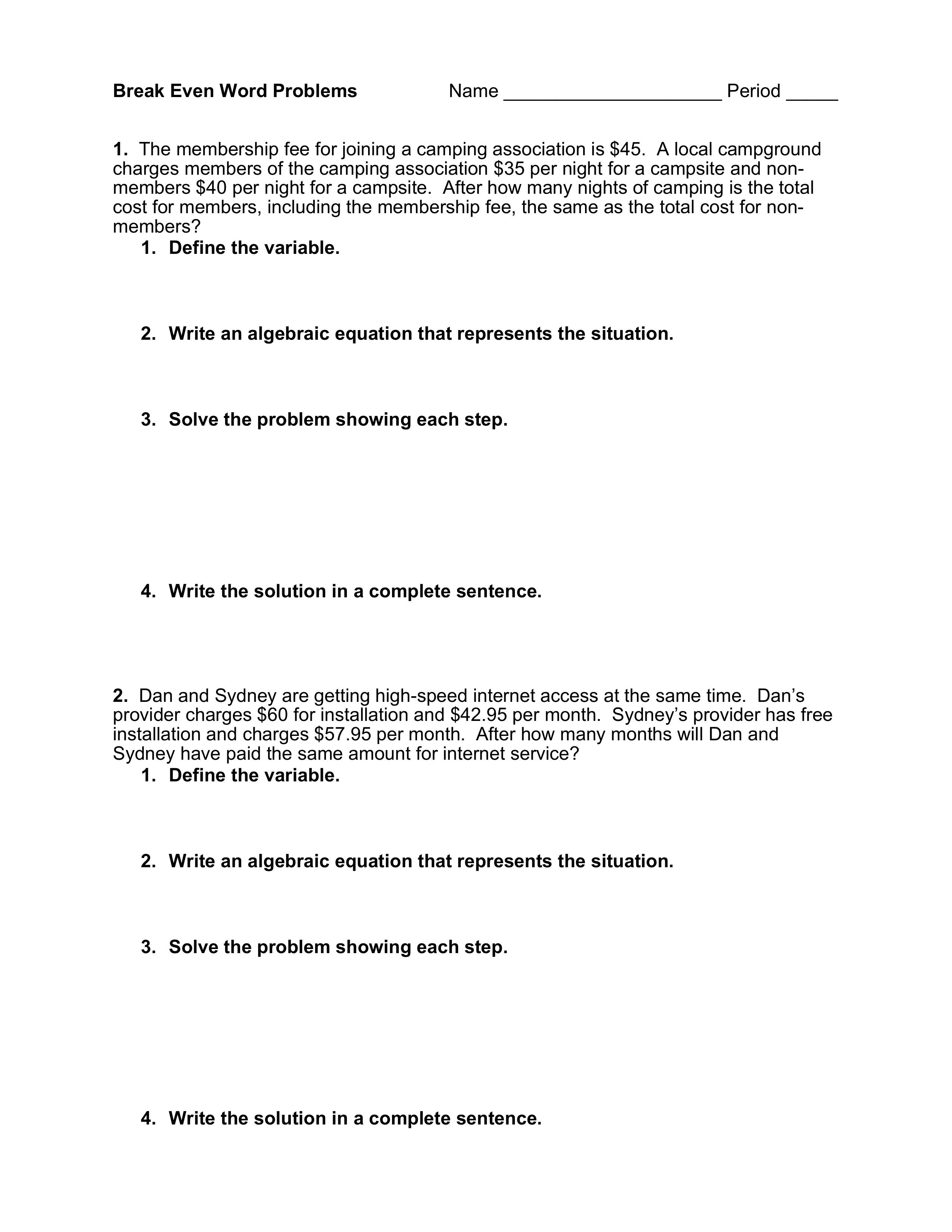 Break Even Word Problems - Chris Long | Library | Formative