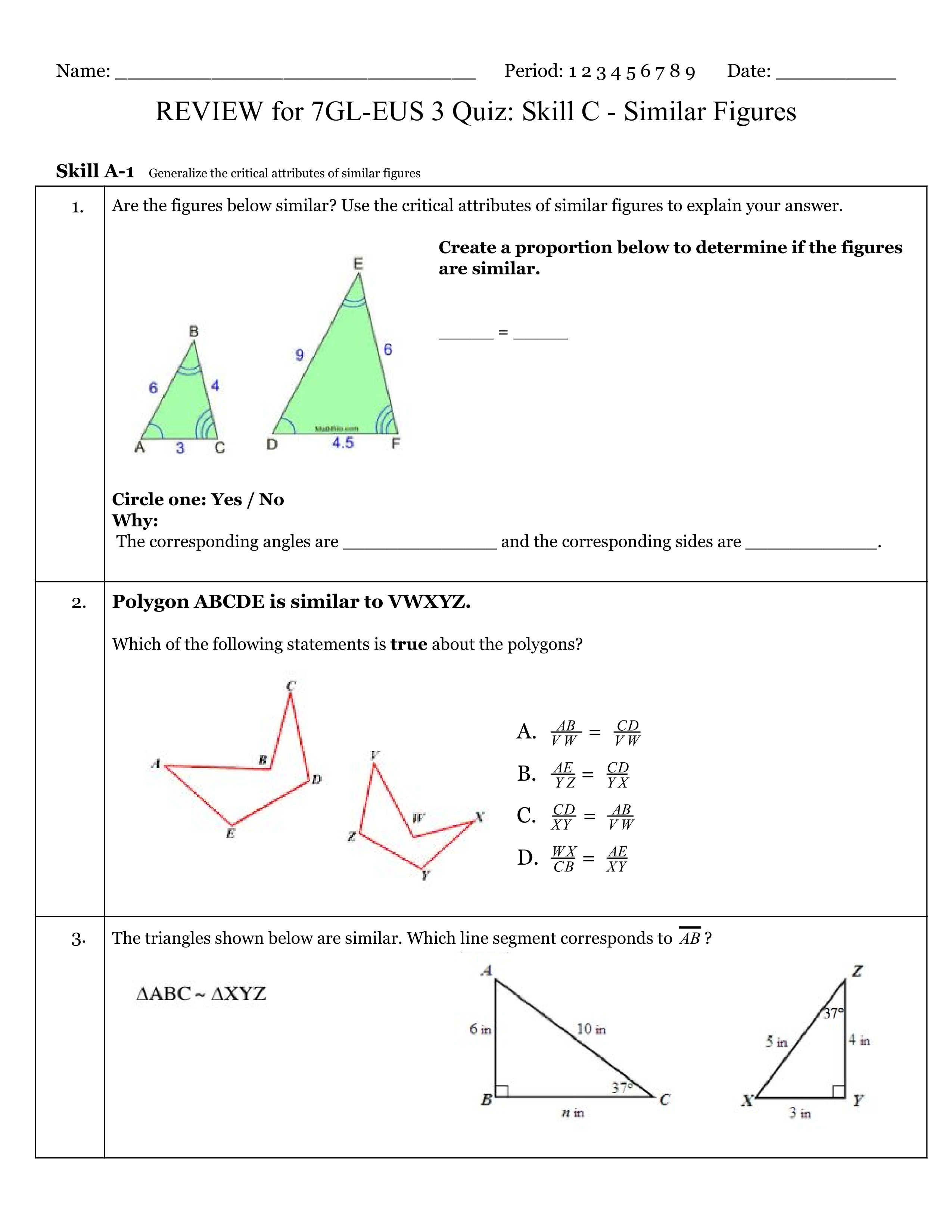 REVIEW of Proportional Geometry: Similar Figures - Jenny Santiano ...