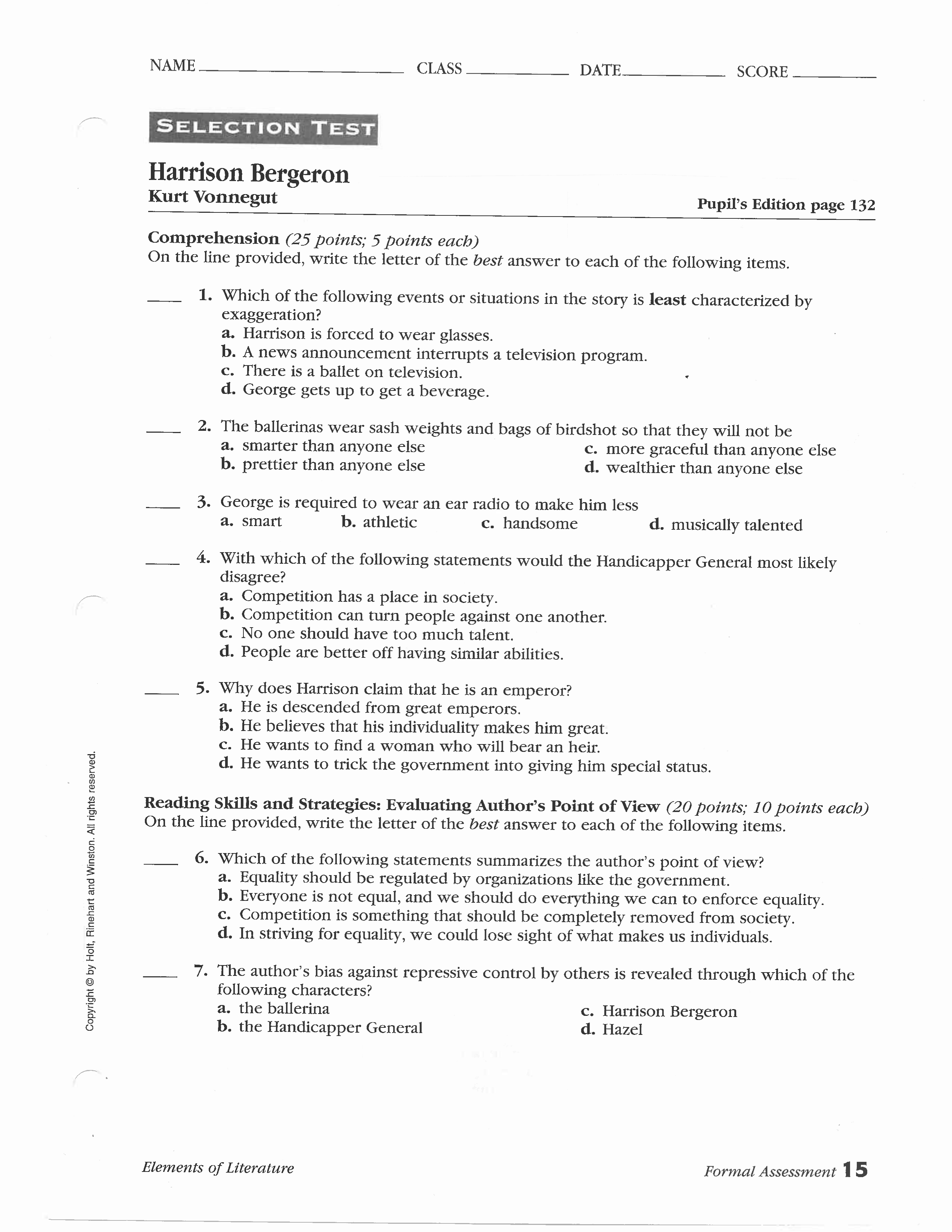 "Harrison Bergeron" Formative Assessment by Kurt Vonnegut - Michael ...